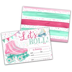 nyctug let's roll birthday fill-in invitation(4" x 6"), roller skate birthday party double-sided invites- 20 invitations with envelopes-party supplies-a17