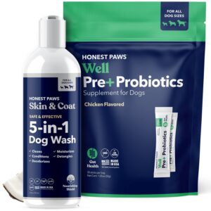 honest paws dog wash and dog probiotic with prebiotic for healthy gut - 5-in-1 dog wash - digestive and immune support powder - chicken flavor