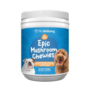 pet wellbeing epic mushroom chewies for dogs - vet-formulated - immune support, cognitive health, adaptogenic stress support with reishi, chaga, lion's mane medicinal mushrooms - 90 soft chews