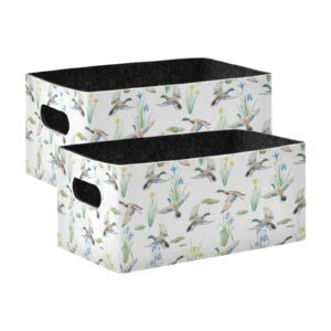 oyihfvs flying mallard ducks yellow blue iris lotus with leaves on white 2 pcs rectangle foldable felt storage bin, collapsible cube with handles thick fabric box organizer clothes supplies for home