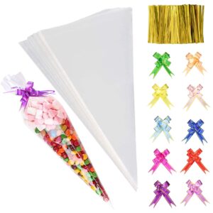 cone bags, 100pcs cone shaped treat bags with twist ties and bows, plastic triangle bags for favor candy cookies, 14.6 * 7 inches