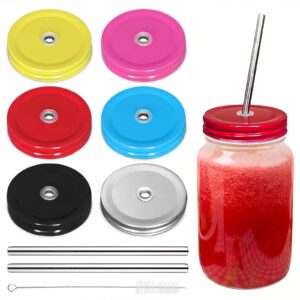 susubee 6 pack metal drinking lid with straw hole and straws compatible with mason jar regular mouth, 6 colors, dishwasher safe