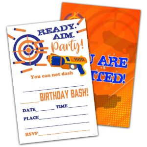 nyctug blaster gun birthday invitation(4" x 6"), dart war party double-sided invites- 20 invitations with envelopes-personalized party supplies-a26