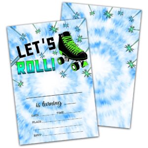 nyctug let's roll birthday invitation(4" x 6"), tie dye roller skate birthday double-sided party invites- 20 invitations with envelopes-party supplies-a16