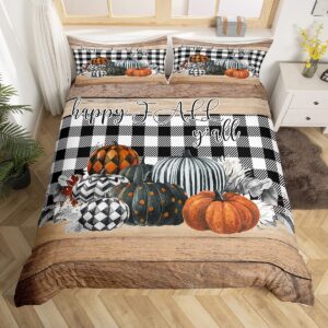 fall pumpkins thanksgiving bedding set king black white buffalo plaid bedding duvet cover rustic farmhouse wooden board comforter cover for adults women men happy autumn fall bed set brown 3 pcs