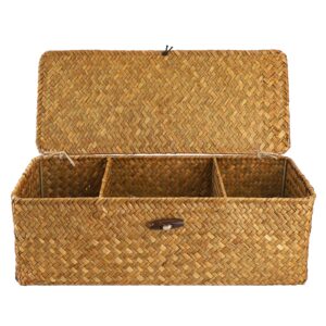 hipiwe seagrass storage basket bin with lid rectangular woven shelf baskets with 3-section toilet paper basket holder for closets pantry bathroom kitchen shelf organizing, caramel