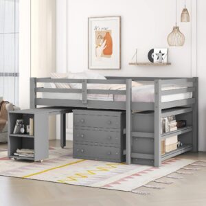 citylight low full loft bed with desk and storage cabinet, wood kids full size loft beds frame with storage shelves & rolling portable desk for juniors, teen, boys & girls (full size, gray)