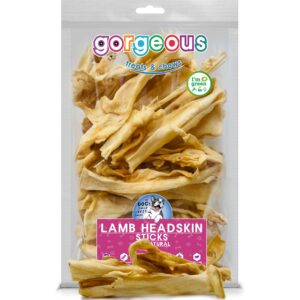 gorgeous treats and chews lamb head skin sticks | all natural dog chew | high in protein | aids bone & joint health | 100% digestible 8 oz.