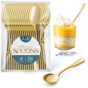 posh setting - plastic mini spoons, gold mini spoons, gold plastic mini dessert spoons, disposable tiny gold spoons, 4 inch mini spoons for appetizers, taster spoons, ice cream spoons (36 pack)