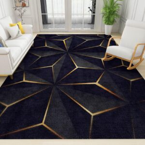 golden lines abstract geometric area rugs, black gold abstract art soft washable carpet, upholstery rug with non-slip backing for kids boys girls bedroom living room dining room study 3ftx4ft