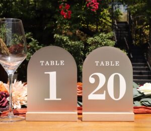 frosted arch wedding table numbers with wooden stands holders, 5x7" acrylic signs and holders, perfect for centerpiece, reception, decoration, party, anniversary, event (frosted white font, number 1-20)