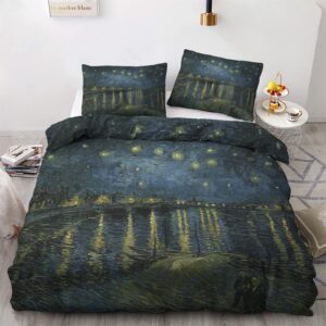 zcwl impressionism duvet cover twin size | starry night over the rhone bedding set | 2 piece | soft microfiber patterned comforter cover with zipper ties & 1 pillowcase | bedroom & room decor