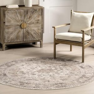 nuloom 6' round splashguard machine washable area rug with waterproof spill proof surface, non slip backing and stain resistant for living room, bedroom, kitchen, dining room, davi taupe