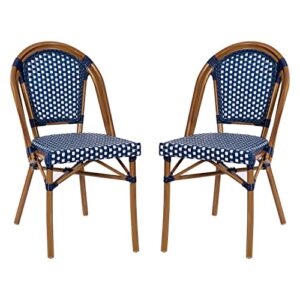 flash furniture bordeaux set of 2 indoor/outdoor commercial bistro stack chairs - navy/white pe rattan back and seat - natural bamboo print aluminum frame