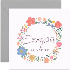 old english co. daughter happy birthday card - sweet cute floral wreath card for her daughter card | flower happy birthday from mum, dad, parent | blank inside & envelope included