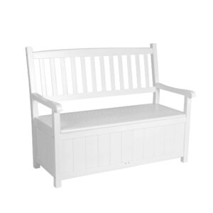 outdoor storage bench loveseat deck box bench with arm back patio furniture 2-seat container solid wood for garden tools & pool toys deck storage bench for patio garden storage porch white 450lbs