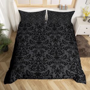 erosebridal adults black damask bedding set antique victorian baroque duvet cover king gothic vintage floral comforter cover bohemian exotic bedspread cover microfiber grey room decor 2 pillow cases