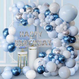 blue balloon garland arch kit, metallic blue white and silver confetti latex balloons for birthday baby shower wedding graduation anniversary frozen winter party background decorations