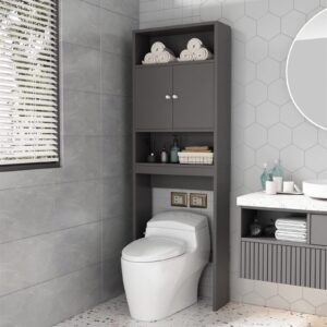 me2 bathroom over the toilet storage, 77'' taller bathroom organizer shelf space-saving collect cabinet with shelves and double doors, grey