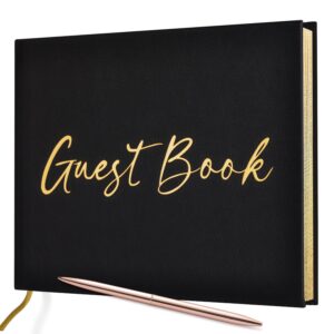 jubtic black guest book for funeral, guest sign in book for reception,wedding,baby shower, birthday, bridal shower, graduation party,100 pages with gilded edges and gold foiled cover - 7x10″