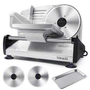 tokass meat slicer, 200w electric slicer for home use with 2pcs 7.5'' stainless steel blades, electric deli food slicer, adjustable thickness for meat, cheese, bread, easy clean (200w-bright silver)