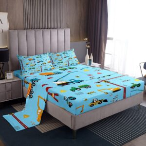 colorful excavator bed sheet set construction vehicles bedding set equipment trucks pattern fitted sheet cartoon car flat sheet for kids boys girls 4pcs with 2 pillow case queen size