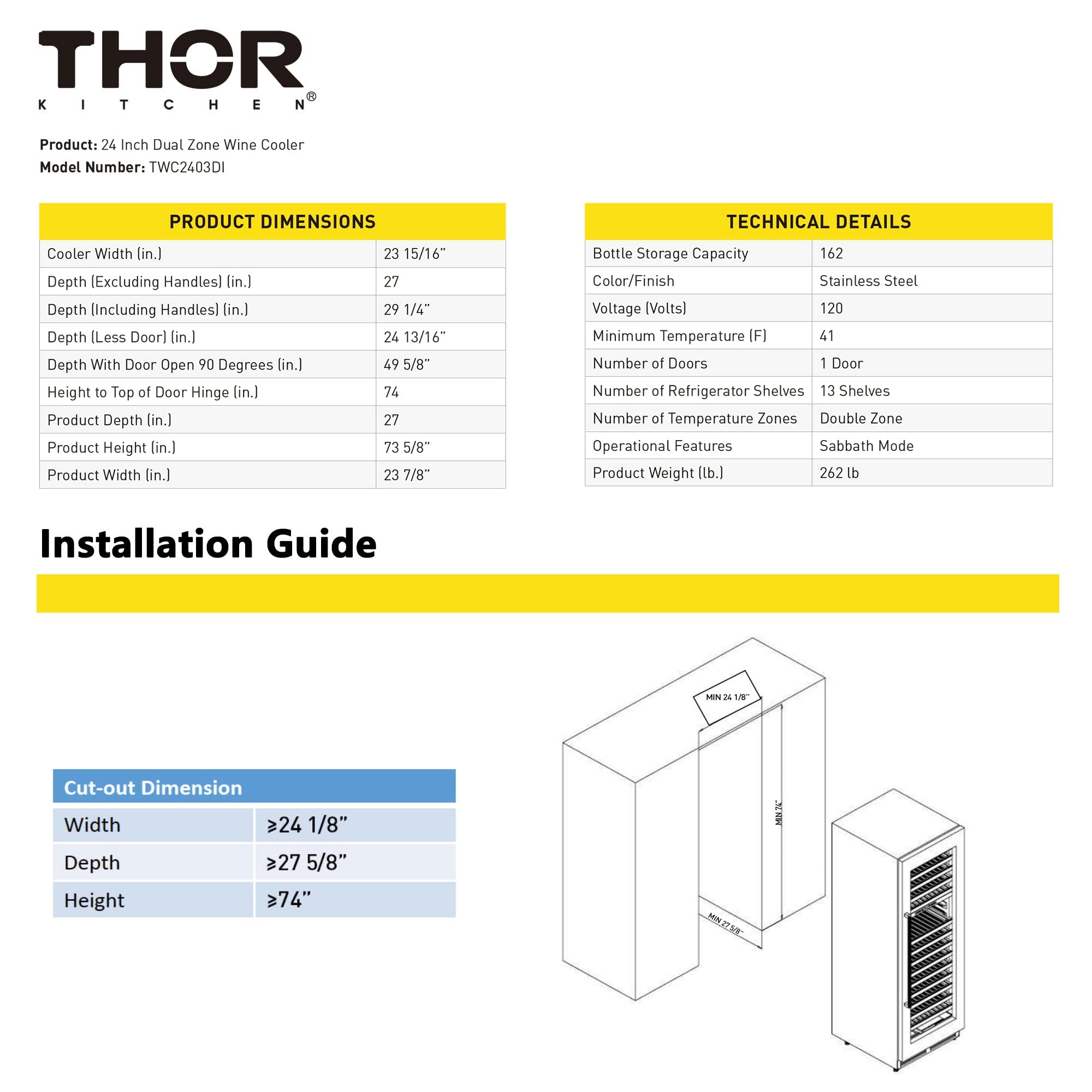 THOR Kitchen Freestanding 24-Inch Dual Zone Wine Cooler in Stainless Steel - Model TWC2403DI