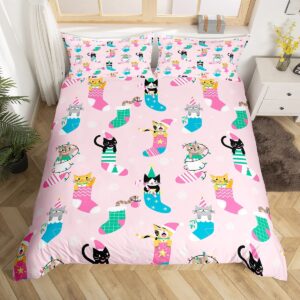 erosebridal christmas cat bedding sets twin cute animal comforter cover kawaii kitten bed sets colorful xmas stocking duvet cover white snowflake quilt cover for kids boys girls room decor