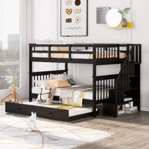 bellemave full over bunk beds with stairs and trundle wood bed frame staircase storage shelves for kids teens adult, detachable stairway bunkbed boys girls, espresso