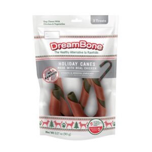 dreambone holiday canes, 3 count, made with real chicken, rawhide-free chews for dogs