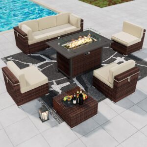 udpatio 8 piece patio furniture sets with fire pit table, rattan outdoor patio furniture sofa sectional w/gas fire pit, coffee table, 2 waterproof covers,for patio back deck, balcany, poolside,cream