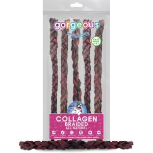 gorgeous treats and chews beef collagen 12 inch | (braided (5 count)) | high in protein | all natural chew for dogs | 100% digestible | chondroitin & glucosamine source | good for dental health