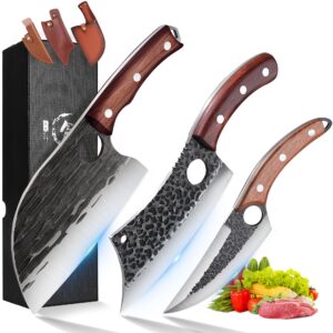 rococo 3pcs butcher cleaver knife set for meat cutting serbian chef knife viking boning cleaver with sheaths for kitchen outdoor bbq camping birthday father mother christmas gift idea men