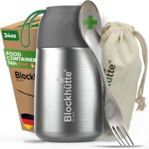 blockhütte thermos for hot food i 34 oz i 14h hot food i with spork, vacuum stainless steel thermal lunch box, leakproof soup thermos for hot food, wide mouth insulated food jar, food container