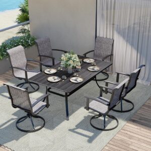 grand patio outdoor dining set for 6, patio dining set with 6-piece mesh sling rocking chairs, 1-piece large rectangular woodgrain dining table with umbrella hole, black & grey plaid