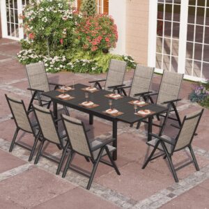 phi villa 9 piece outdoor dining set with patio table and chairs, patio furniture dining set with adjustable padded portable folding patio chairs & metal rectangle table for garden & deck, grey