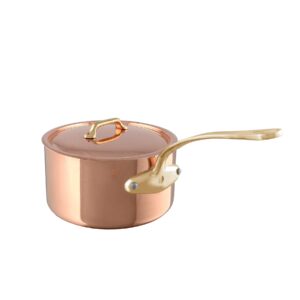 mauviel m'heritage 200 b 2mm polished copper & stainless steel sauce pan with lid, with brass handles, 3.4-qt, made in france