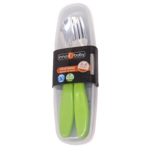 innobaby din din smart ez grip spoon and fork with carrying case, utensil set for kids and toddlers, bpa free (green)