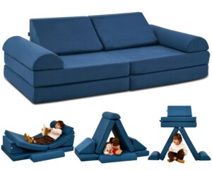 jela kids couch large, floor sofa modular funiture for kids adults, playhouse play set for toddlers babies, modular foam play couch indoor outdoor (57"x28"x18", navy blue)