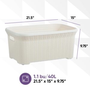 Plastic Laundry Basket Small Storage Hamper Basket, 3 Pack Cream Cloths Basket Organizer with Cut-Out Handles. Space Saving for Laundry Room Bedroom Bathroom, Knit Design 40 Liter.