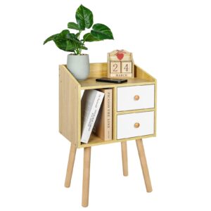 x-cosrack wooden small nightstand with storage drawers mid century modern bedside table with vertical open storage shelf and solid wood legs, end side table for bedroom natural