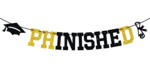 phinished banner, class of 2025 master doctor degree, congrats phd college graduation party decoration supplies, gold and black glitter