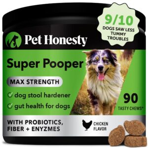 pet honesty super pooper max strength probiotic chews - dog stool hardener with fiber, prebiotics, probiotics, & digestive enzymes, gut health for dogs, digestion & health supplement for dogs (90 ct)