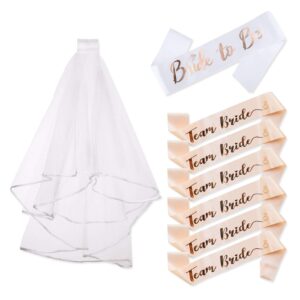 jvaenousn 8 pcs bride to be sash veil set bachelorette party decorations 1 bachelorette veil, 1 bride sash and 6 team bride sashes