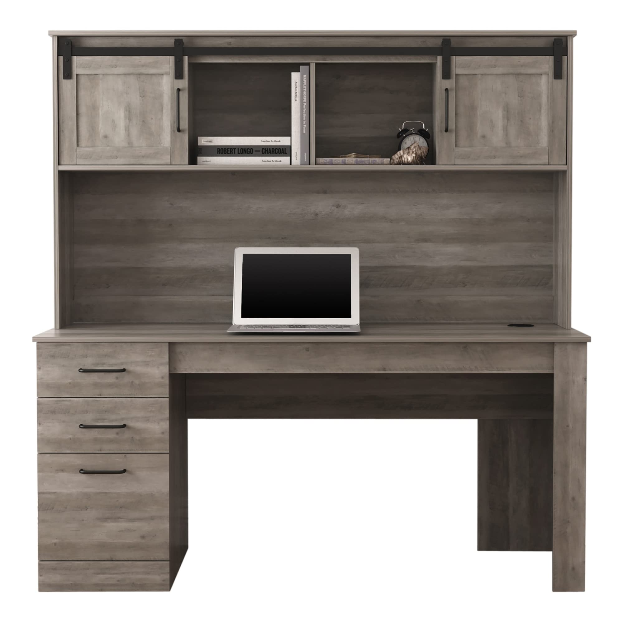 Realspace® Peakwood 65"W Computer Desk With Hutch And Wireless Charging, Smoky Brown