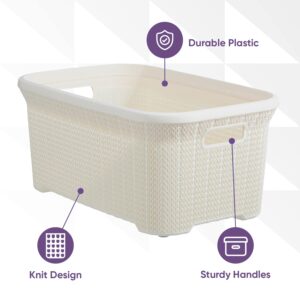 Plastic Laundry Basket Small Storage Hamper Basket, 3 Pack Cream Cloths Basket Organizer with Cut-Out Handles. Space Saving for Laundry Room Bedroom Bathroom, Knit Design 40 Liter.