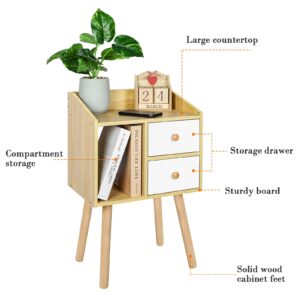 X-cosrack Wooden Small Nightstand with Storage Drawers Mid Century Modern Bedside Table with Vertical Open Storage Shelf and Solid Wood Legs, End Side Table for Bedroom Natural