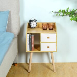 X-cosrack Wooden Small Nightstand with Storage Drawers Mid Century Modern Bedside Table with Vertical Open Storage Shelf and Solid Wood Legs, End Side Table for Bedroom Natural