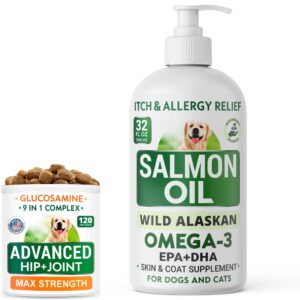 32oz salmon oil + 120ct glucosamine treats bundle - skin & coat support + old dog joint pain relief - epa + dha fatty acids + chondroitin, omega-3 - advanced immune, heart & joint health - made in usa