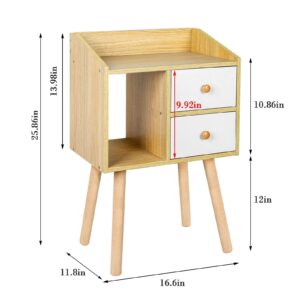 X-cosrack Wooden Small Nightstand with Storage Drawers Mid Century Modern Bedside Table with Vertical Open Storage Shelf and Solid Wood Legs, End Side Table for Bedroom Natural